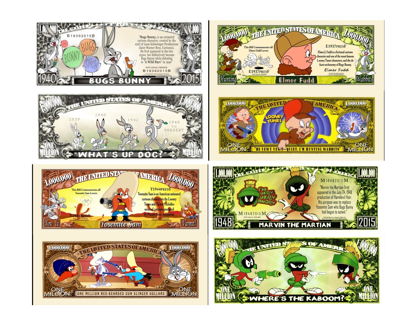Wacky Classic Cartoons Set of 20 Million Dollar Funny Money Notes ...