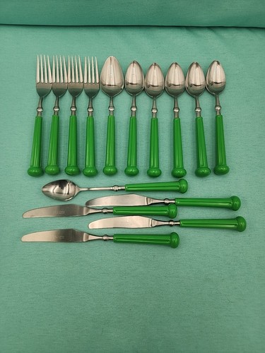 Vintage Oxford Hall Japan Stainless Green Plastic Handle Flatware Set ...