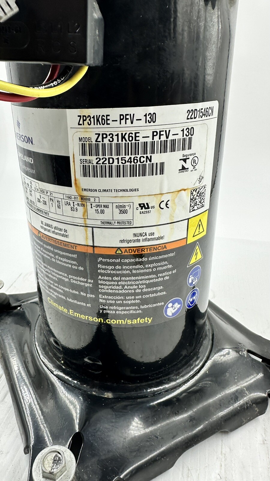 Copeland 2.5 Ton Scroll Compressor ZP31K6E-PFV-130 R410A 208/230V 1 PH ...