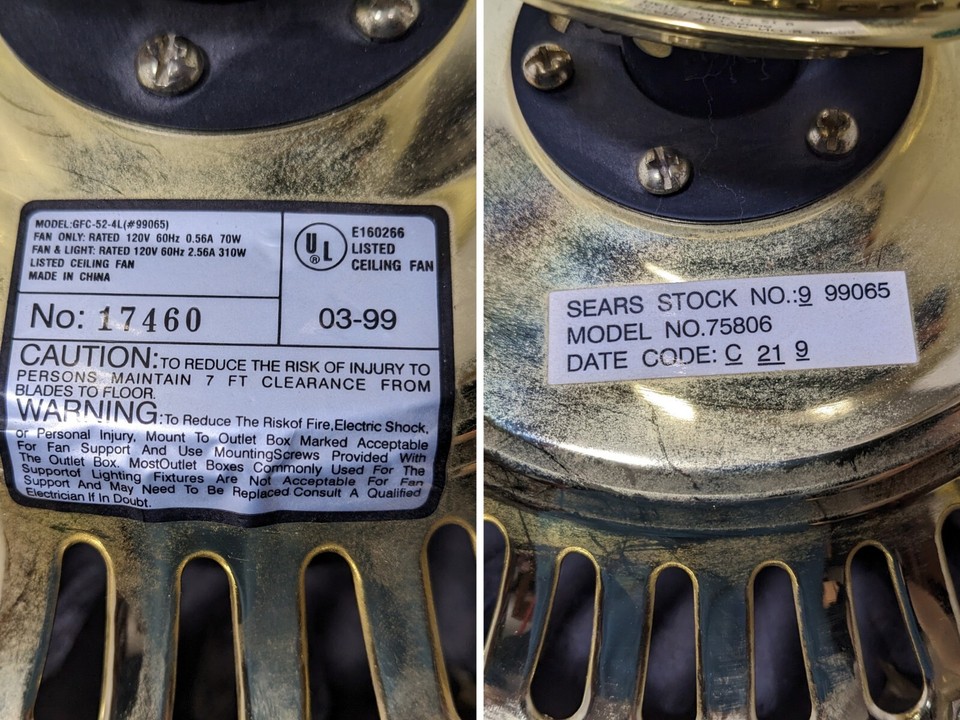 Vintage 90s Sears Kenmore 52" Brass Ceiling Fan 75806 with Lights | eBay
