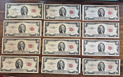 Lot of 12- 1953 A Red Seal $2 Two Dollar Bill Notes | eBay