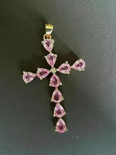 2.50Ct Pear Cut Pink Diamond Cross Pendant 18" Free Chain 14K Yellow ...