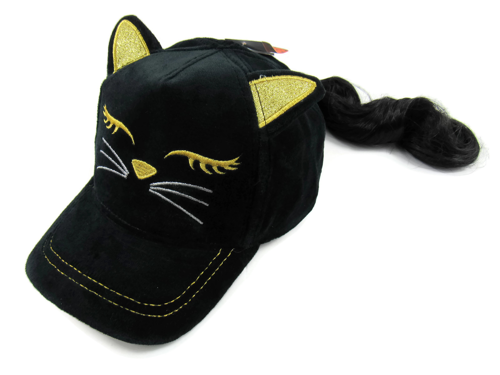 Baseball Hat with Brunette Faux Hair Black & Gold Cat Girls Cap One ...