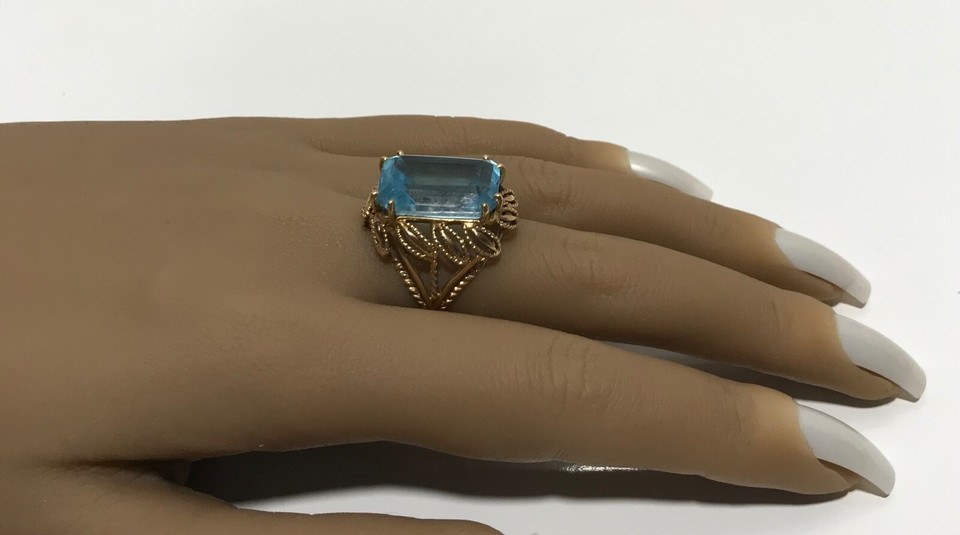 VINTAGE 14K GOLD LARGE EMERALD CUT BLUE TOPAZ STATEMENT RING BIG BOLD BEAUTIFUL | eBay