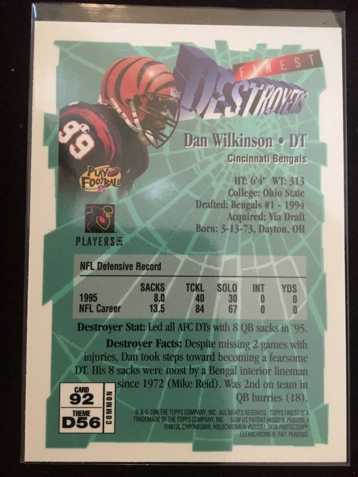 1996 Topps Finest Destroyers Bengals Dan Wilkinson Football Card #92 | eBay