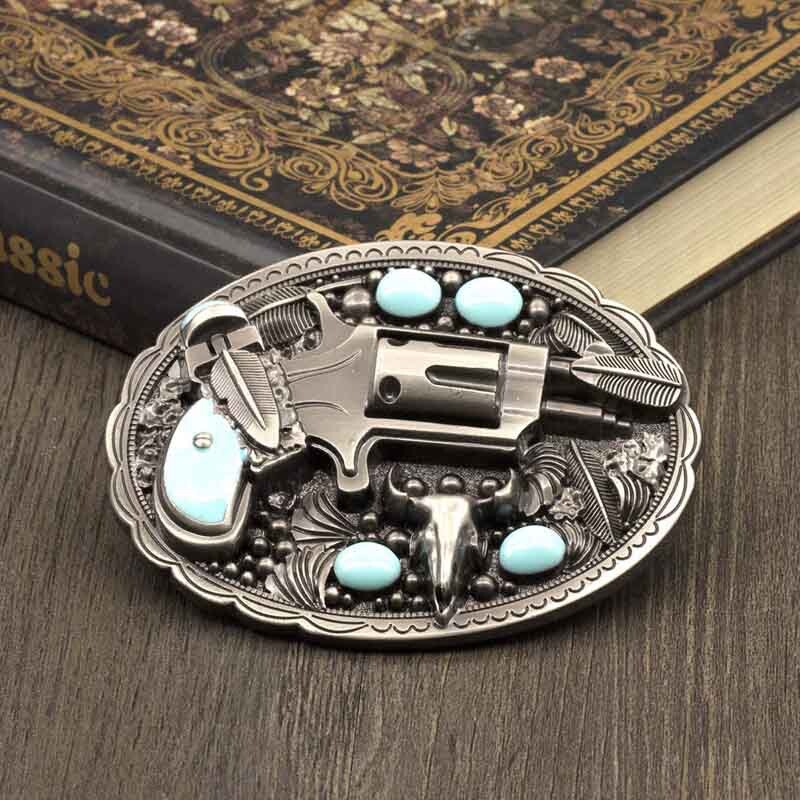 Pistol Revolver Gun Belt Buckle Feathers Turquoise Indian American ...
