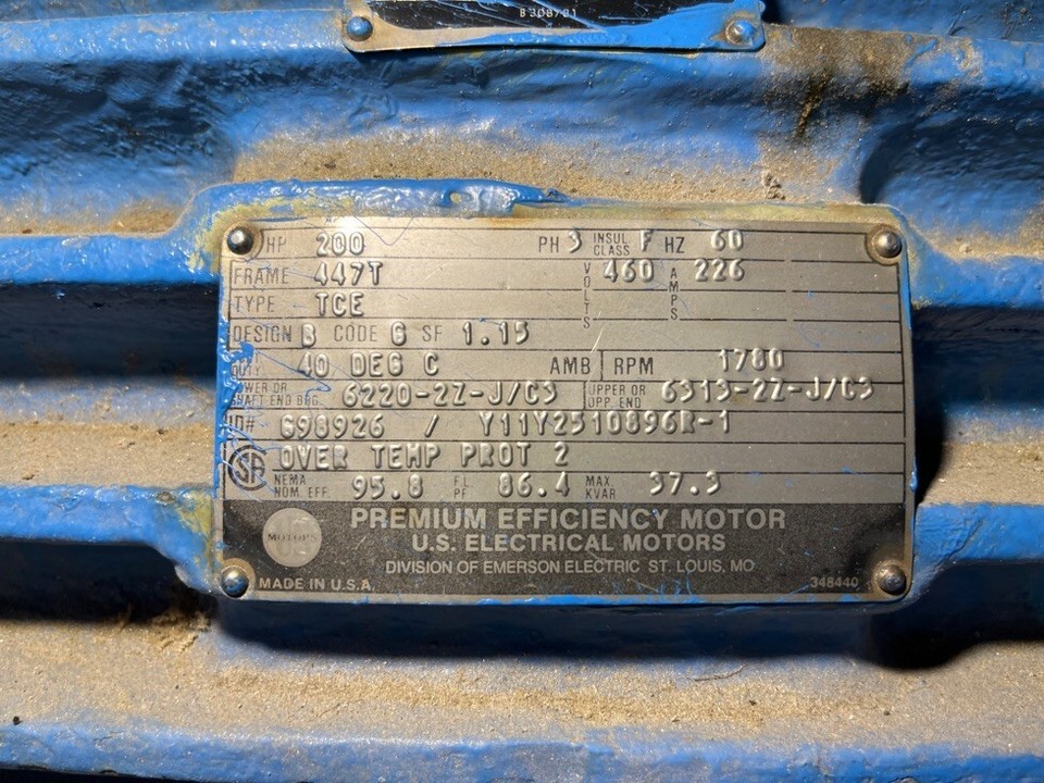 200 HP US Electric AC Electric Motor 1800 RPM Fr 447T TEFCBB 460 V EOK ...