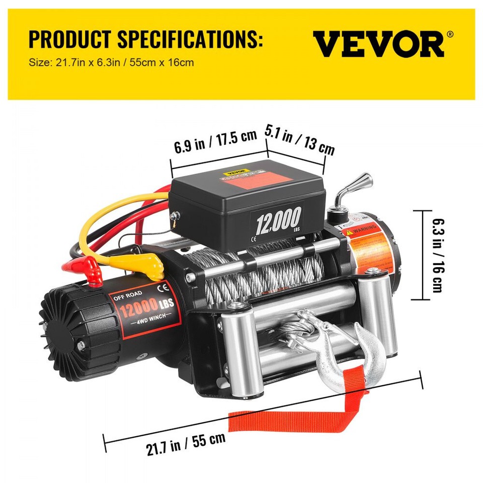VEVOR Truck Winch 12000lbs Electric Winch 85ft/26m Steel Cable 12V ...