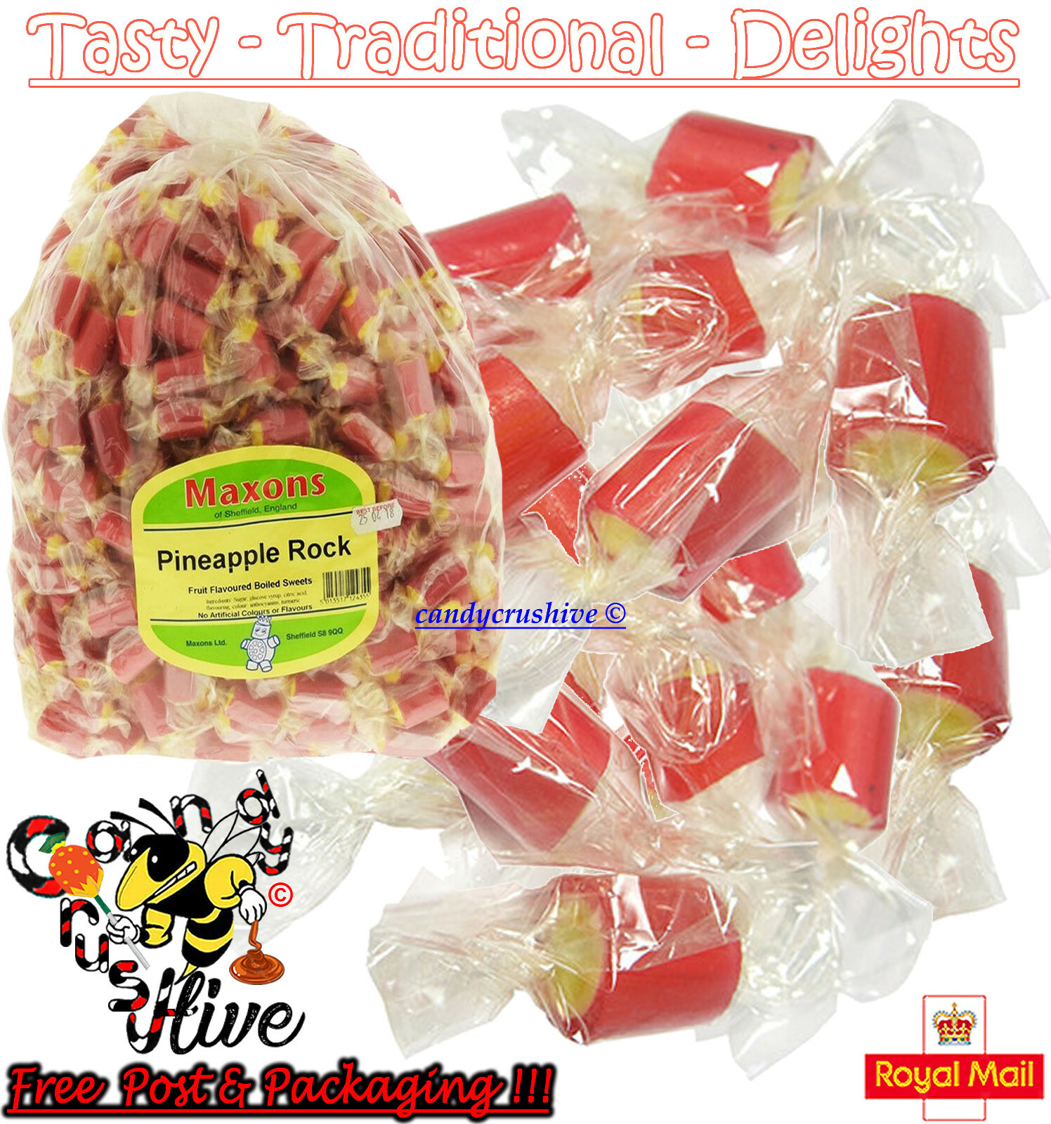 7g - 10kg MAXONS PINEAPPLE ROCK Roller Boiled Sweets Yellow Red ...