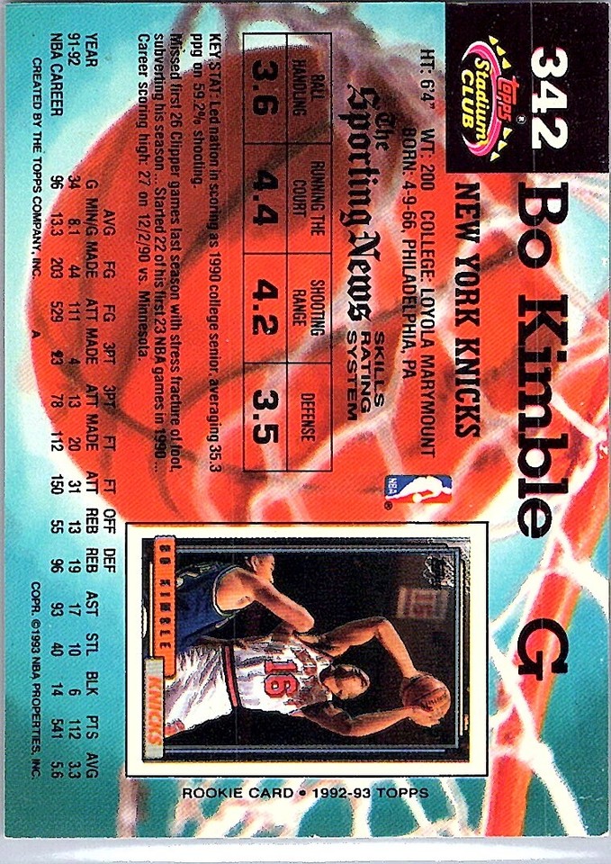 Bo Kimble 1992-93 Stadium Club #342 New York Knicks 3Row 4A (singles ...
