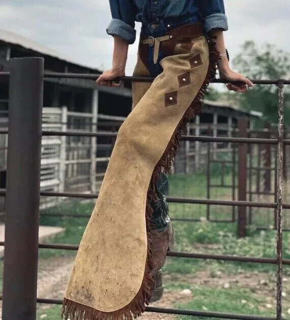 Western Wear Cowgirl Chaps Buckskin Leather Handmade Twisted Fringe ...