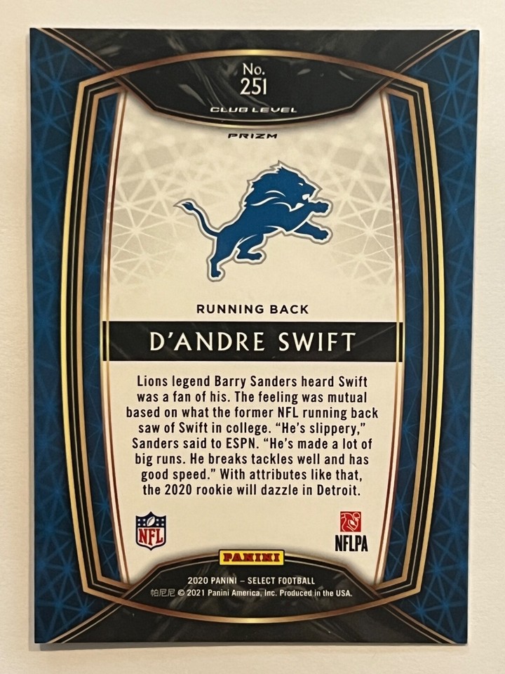 2020 Panini Select D'ANDRE SWIFT Club Level Silver Prizm Rookie RC SP ...