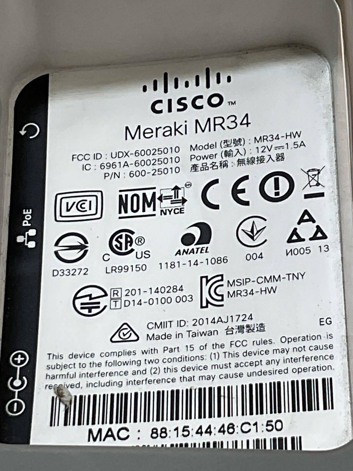 Lot of 5 Cisco Meraki MR34 Access Points with Mounting Brackets/GAR320A ...