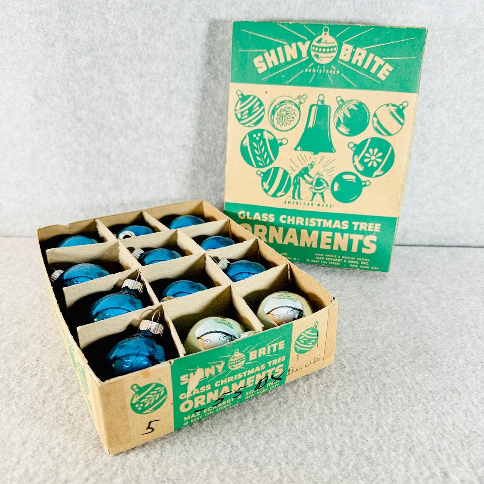 Shiny Brite 1940s Uncle Sam Box with 12 Blue Christmas Ornaments Round ...