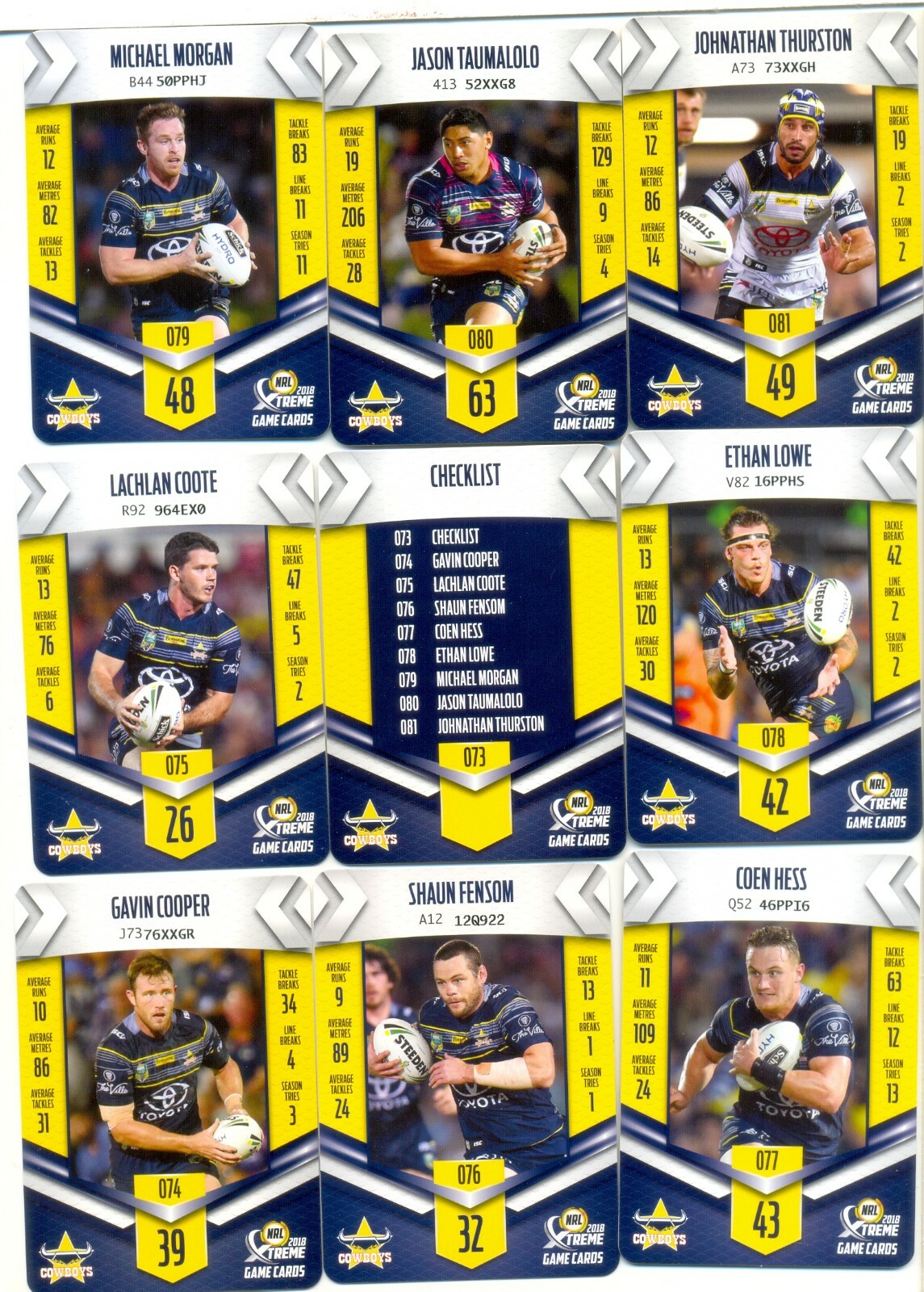 2018 NRL XTREME Common team set of 9 cards - Nth Queensland Cowboys ...