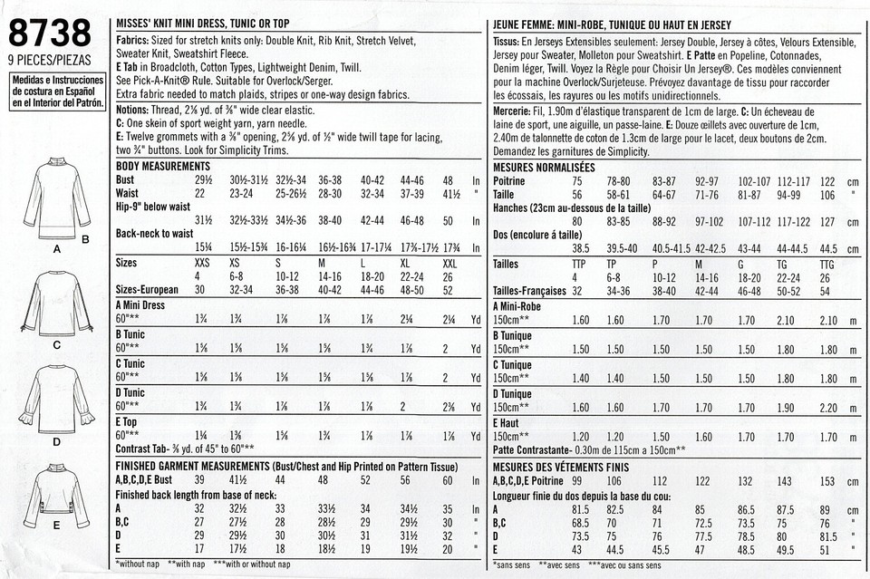 Simplicity 8738 Knit Minidress, Tops & Tunic Sz XXS-XXL UNCUT Pattern ...