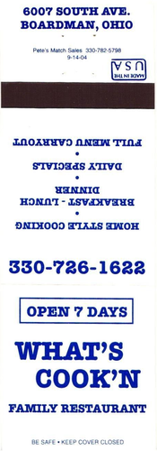 What's Cook'n Family Restaurant Boardman, Ohio Vintage Matchbook Cover ...