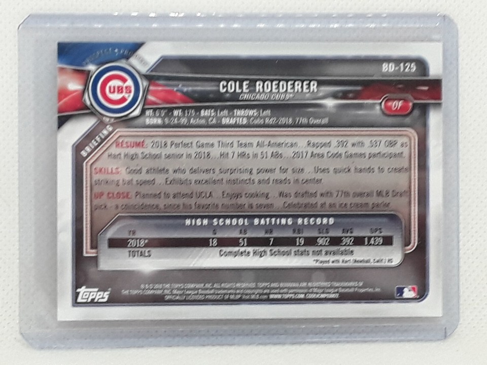 Cole Roederer 2018 Bowman Draft Baseball - #BD-125 - Chicago Cubs | eBay