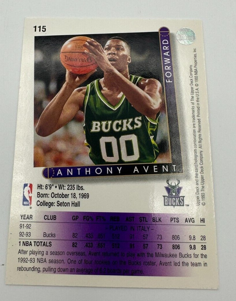 Anthony Avent - Milwaukee Bucks - 93-94 Upper Deck Card | eBay
