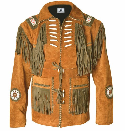 Men's Native American Cowboy Western Leather Jacket Coat-Green Fringe ...