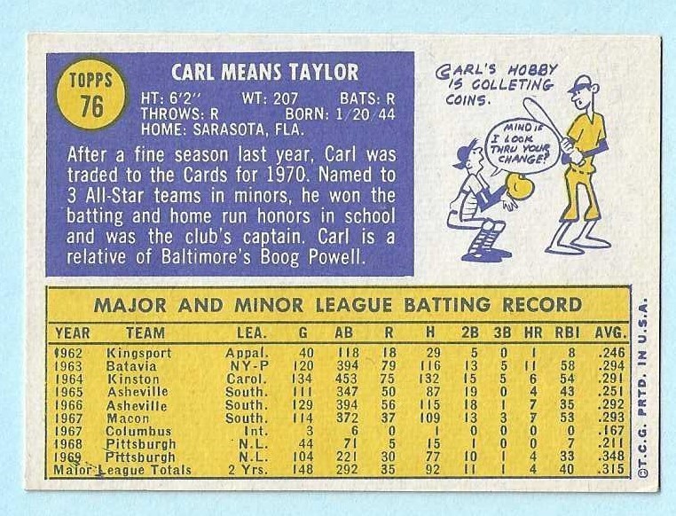 1970 Topps #076 Carl Taylor St. Louis Cardinals Near Mint COMPLETE ...