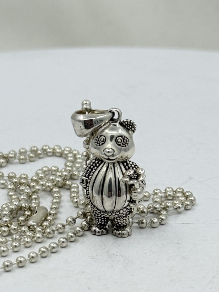 Lagos Sterling Silver Teddy Panda Bear 1.5” Pendant 34” Beaded Necklace ...