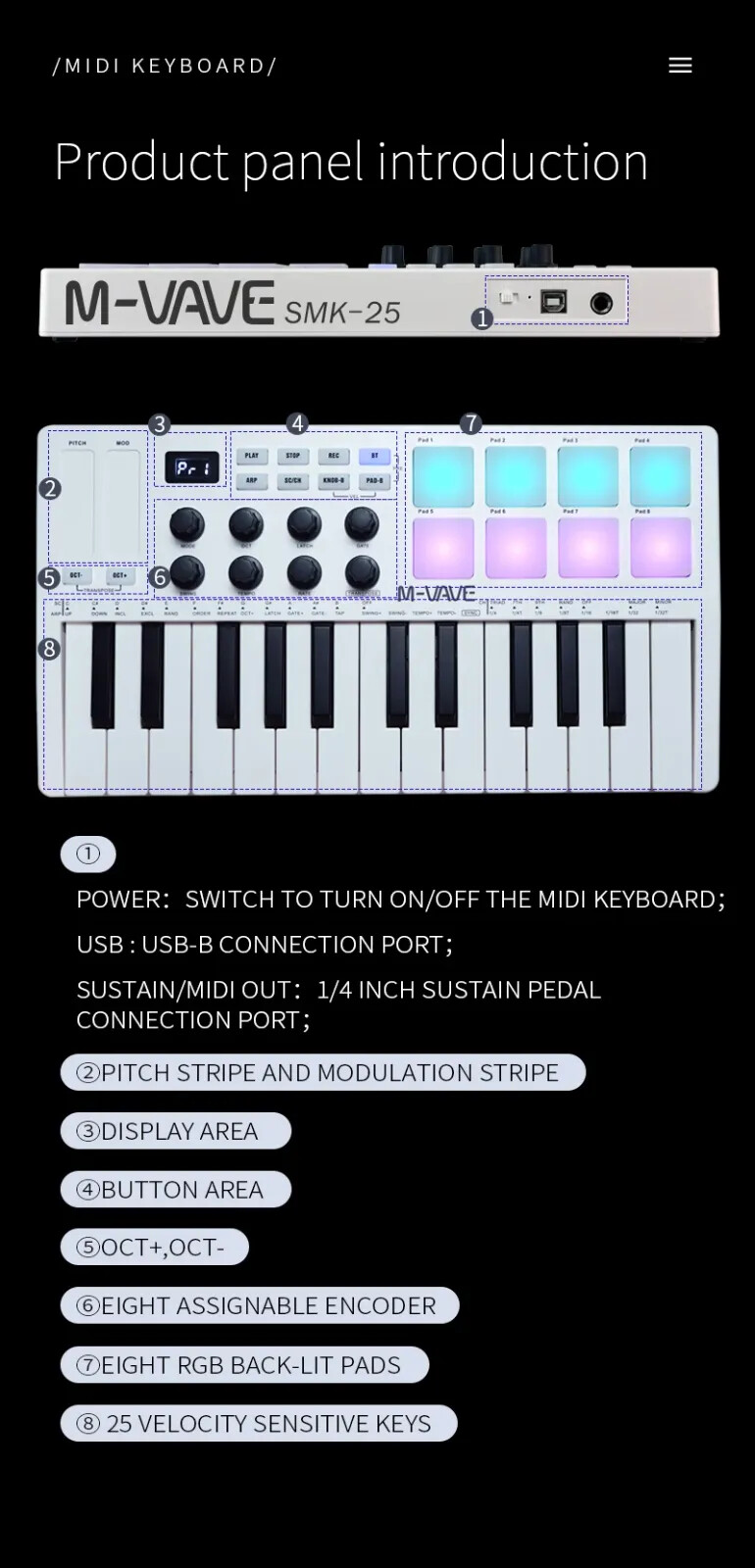 M-VAVE SMK-25 USB MIDI Keyboard Controller Mini 25 Keys Wireless with ...