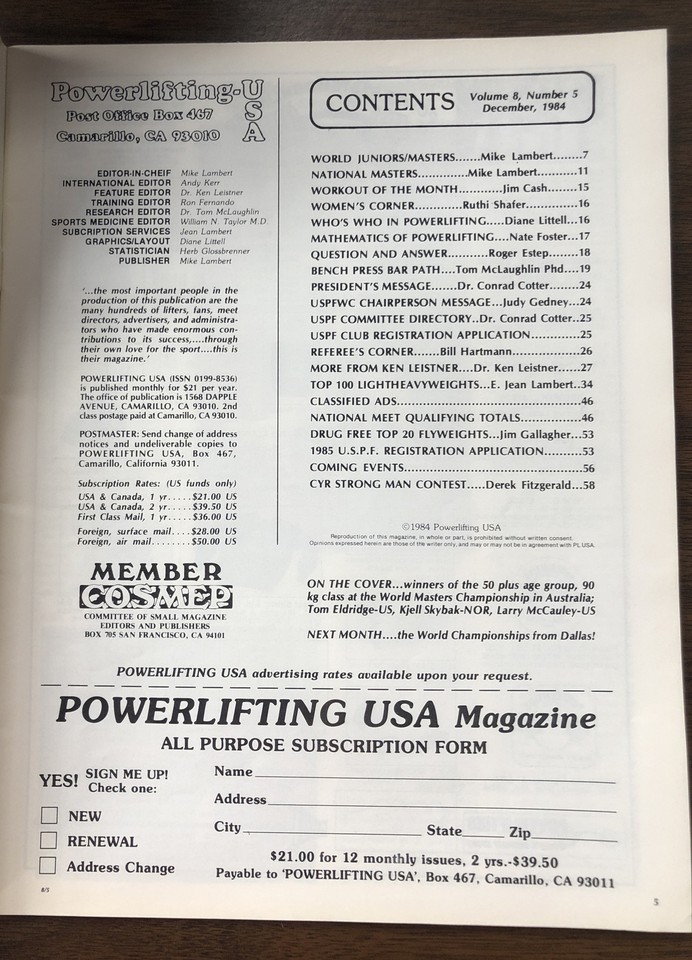 RARE Vintage 1984 Powerlifting USA Magazine TOM ELDRIDGE KJELL SKYBAK ...