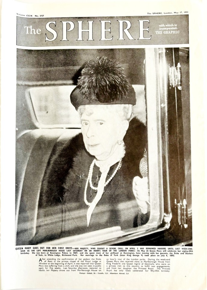1952 Queen Mary Her Majesty Sphere Magazine COVER ONLY United Kingdom ...