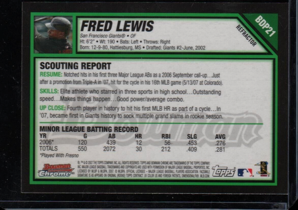 Fred Lewis (Giants) 2007 Bowman Chrome Draft Picks Rookie Refractor ...