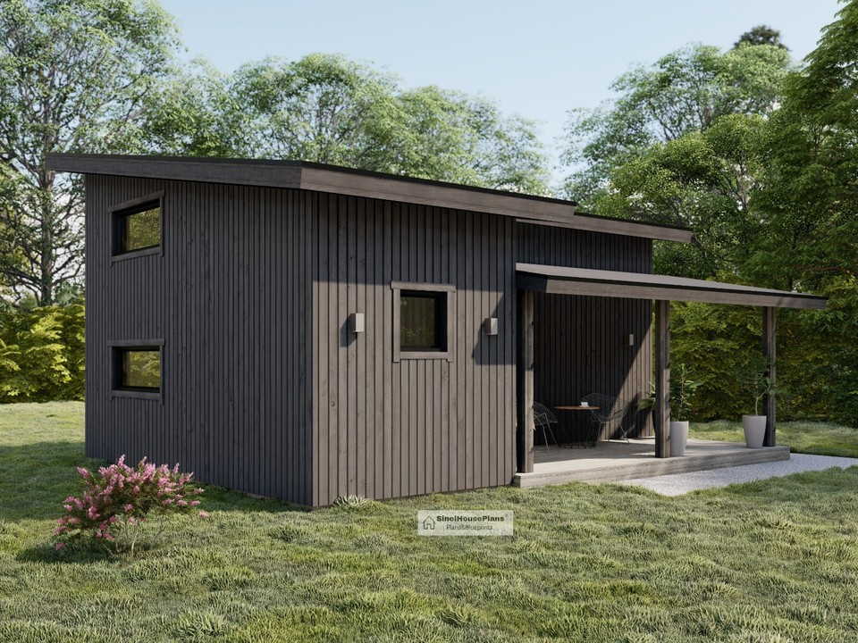 20'x28' Modern Tiny House Plans, Lean Cabin Architectural Construction ...