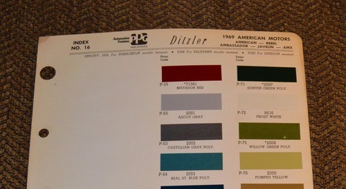 VTG 1969 Ditzler Auto Color Paint Chip American Motors Javelin AMX 6914 ...