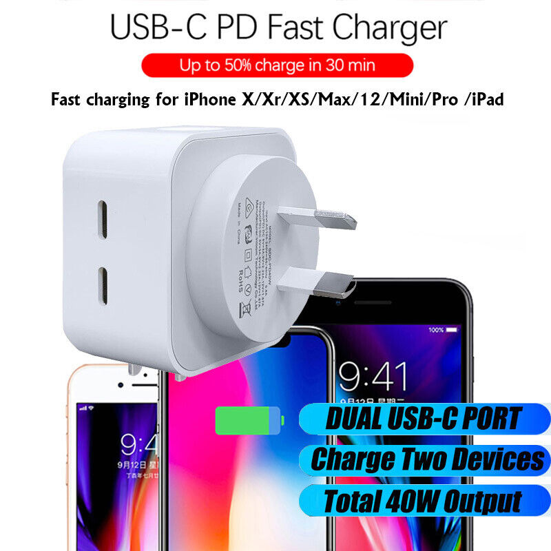 40W DUAL USB-C PD Fast Charging Wall USB C Charger Power Adapter Type-C ...