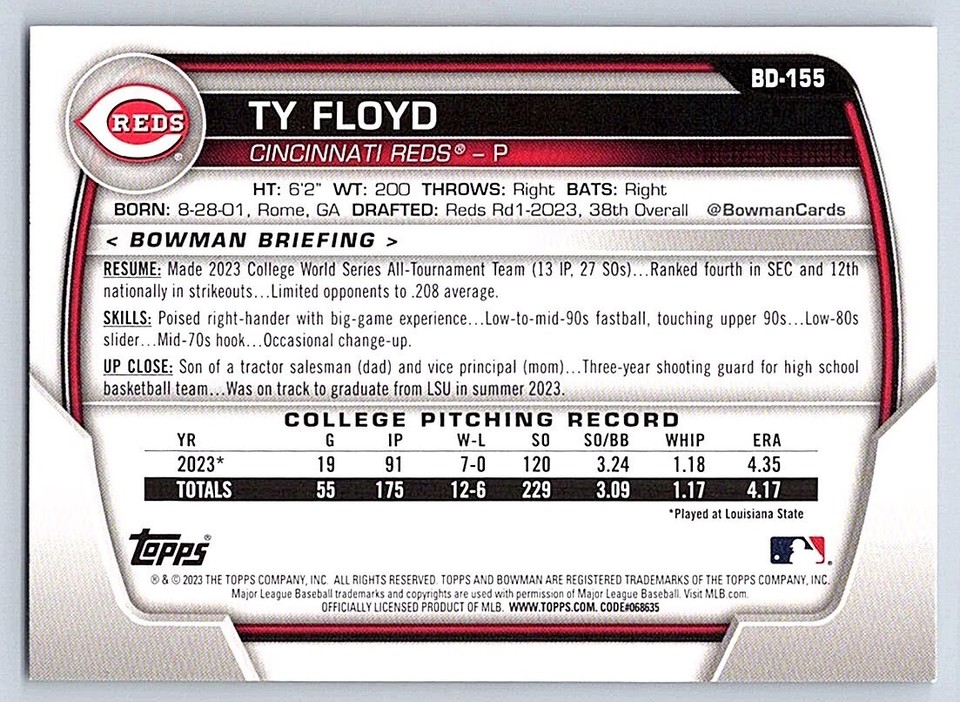 TY FLOYD REDS RC 1st card 2023 BOWMAN DRAFT #BD-155 | eBay