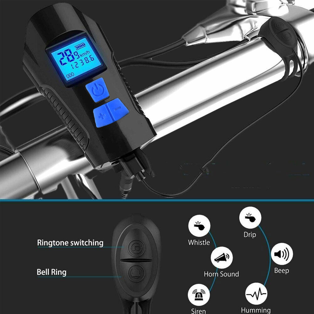 USB Rechargeable LED Cycle Bike Headlight + Rear Light Horn Speedometer ...