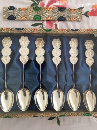 Set of 6 vintage chinese silver plated tea spoon - Blessing, Fortune ...