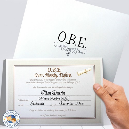 OBE Over Bloody Eighty Certificate 80th Birthday Gift Personalised A5 ...