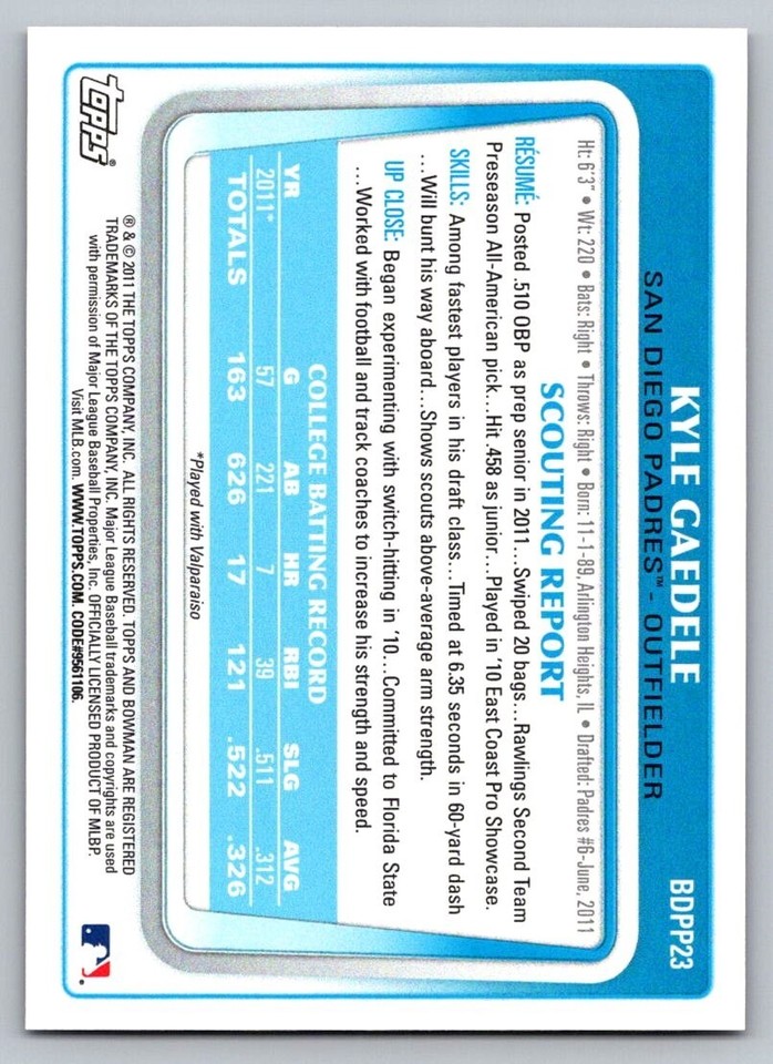 2011 Bowman Draft Picks & Prospects Kyle Gaedele San Diego Padres ...