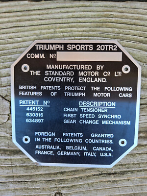 Vintage New Triumph TR2 Commission Number Plate CNP20 | eBay