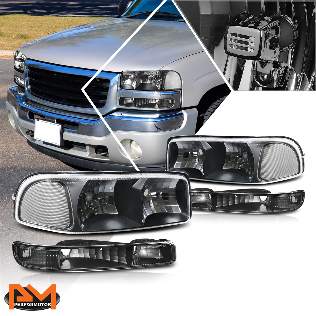 For 99-07 Sierra/Yukon GMT800 Black Housing Bumper Headlight Clear ...
