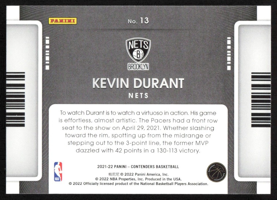 2021-22 Panini Contenders Game Night Ticket Kevin Durant #13 Brooklyn ...
