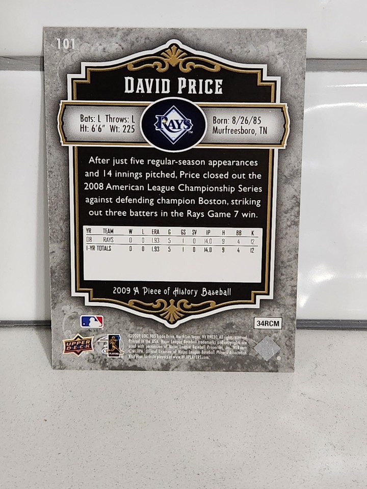2009 Upper Deck A Piece of History David Price #101 Rookie RC Tampa Bay ...