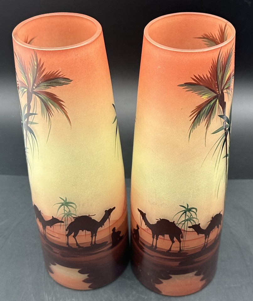 Vintage Czech Art Glass Vases Painted Egyptian Silhouette Camel Hosch ...