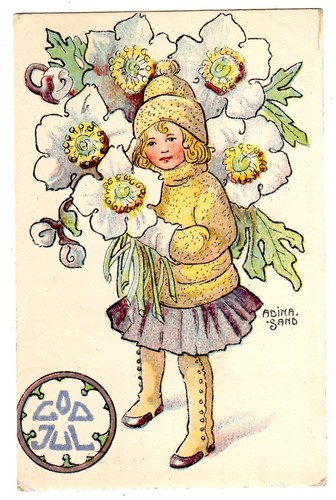 POSTCARD SWEDISH CHRISTMAS GIRL WITH WHITE FLOWERS SIGNED ADINA SAND | eBay