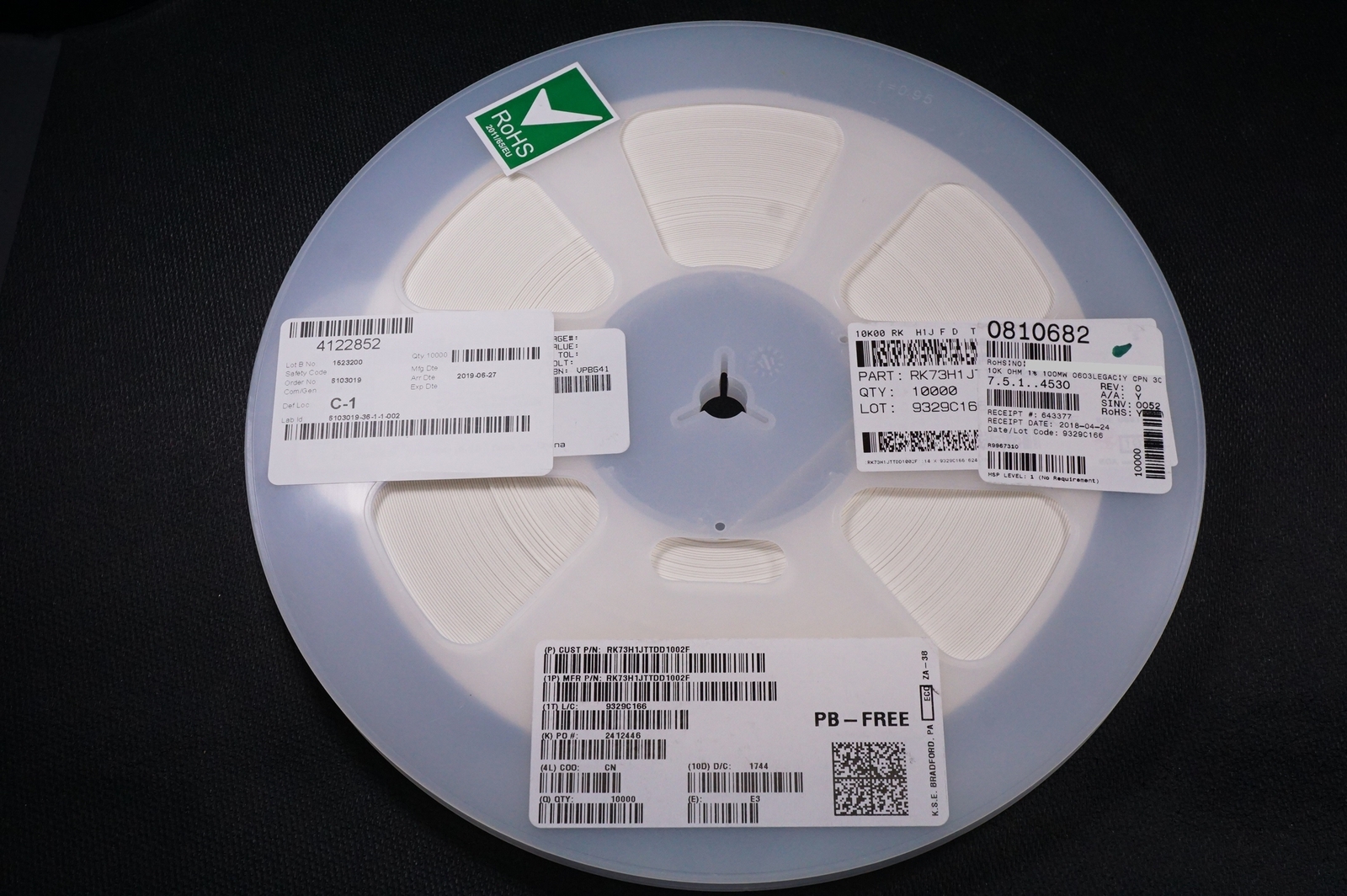 Lot of 500 RK73H1JTTDD1002F KOA Chip Resistor 10KΩ 1/10W 1% 0603 ...