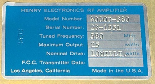 Henry Electronics/Radio 4000D-380 Linear RF Amplifier/Generator 3.5 kW ...