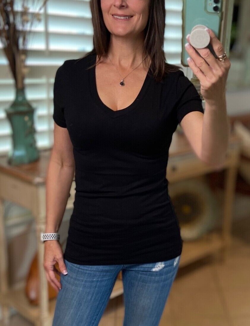Very Sexy Low Cut V-Neck Cleavage Baby Slimming Basic Tee Shirt Black S ...