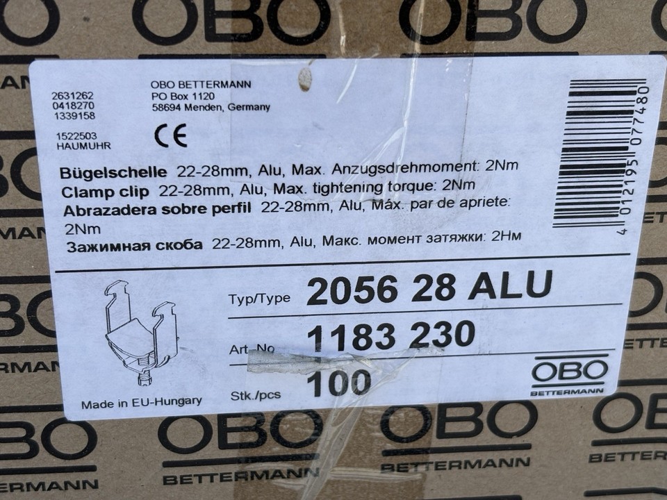 OBO Bettermann 2056 28 ALU Clamp Clip 22–28 mm Lot of 99 Cable Pipe ...