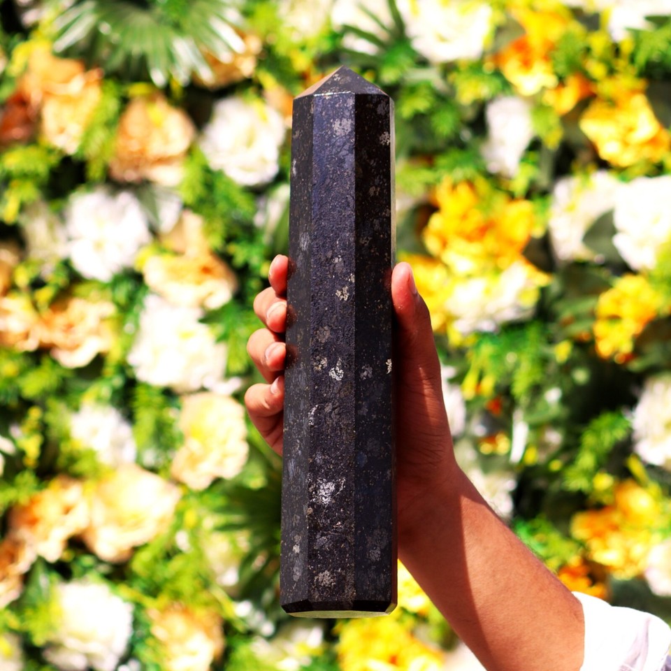 275MM Black Coppernite Crystal Healing Tower Chakra 8 Faceted Gemstone ...