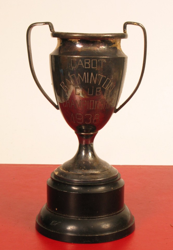 1938 ANTIQUE MINIATURE SILVER PLATED BADMINTON TROPHY CABOT MENS ...